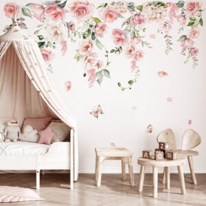 decalmile spring large pink flower wall decals hanging vine floral wall stickers baby nursery girls bedroom living room wall decor