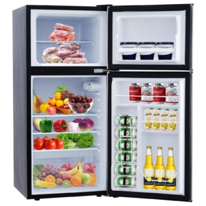 zstar 4.5 cu.ft mini fridge with freezer freestanding, energy-efficient compact refrigerator for bedroom office dorm, 5 level adjustable thermostat, stainless steel 2 doors, crisper drawer, 128l