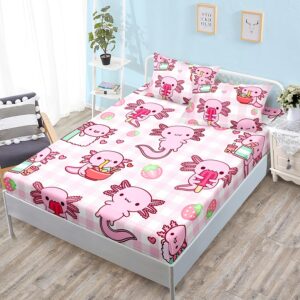 hosima axolotl fitted sheet set twin size for kids girls,pink cartoon axolotl eat dessert printing bedding set twin size for princess bedroom decor,1 fitted sheet+2 pillowcases.