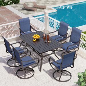 phi villa 7 piece outdoor patio dining set, large metal table (1.57'' umbrella hole) and 6 swivel dining chairs with textilene mesh fabric, all weather patio furniture set for deck lawn garden (blue)