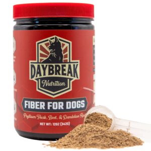 daybreak nutrition fiber for dogs psyllium husk, beet root, dandelion root, and prebiotics to aid in relief from diarrhea, constipation, anal gland issues, and scoots