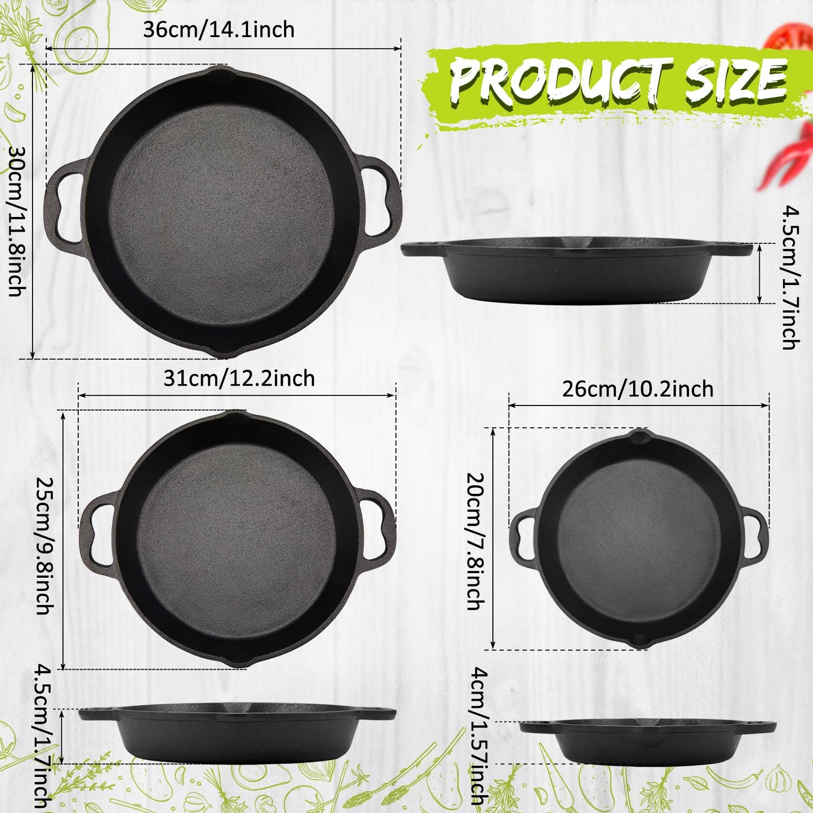 Sunnychicc 3 Pcs Cast Iron Skillets 8 Inch, 10 Inch, and 12 Inch Cast Iron Pan Set Black Pre Seasoned Wok Grilling Wok with Double Handles and Double Pouring Spout, Oven Safe