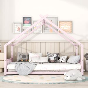 Favfurish Metal Full Size House Bed with Roof and Slats Support,Playhouse Design Montessori Floor Bed Frame W/Headboard & Footboard,No Box Spring Needed,for Kids Girls Boys,Pink