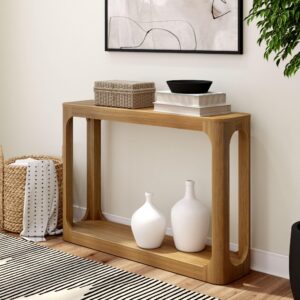 plank+beam forma console table, 46 inch, solid wood sofa table, entryway table for hallway, narrow behind the couch table, console tables for entryway, living room, foyer, easy assembly, pecan