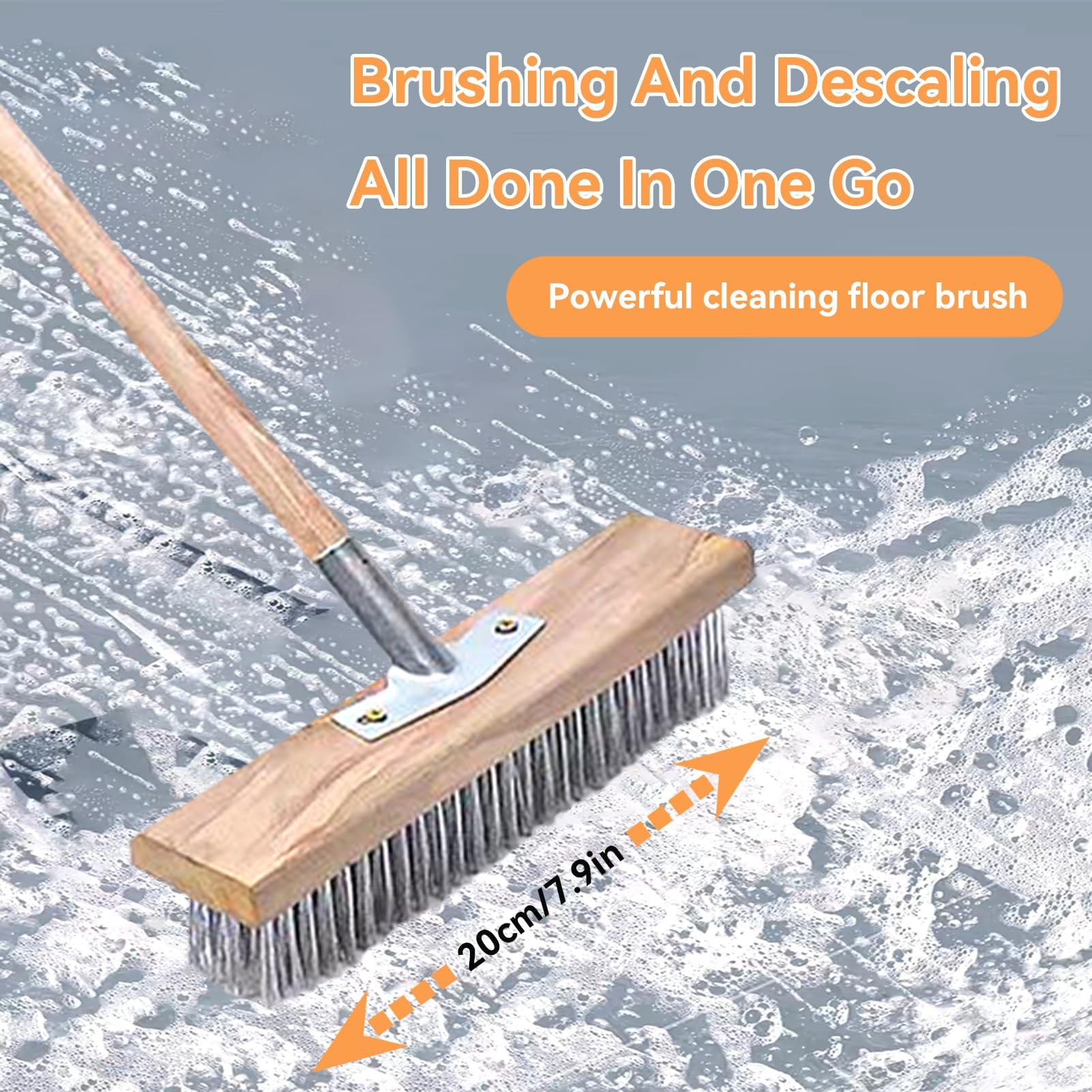 Rough Surfaces Floor Brush with Long Handle, 20cm Heavy Duty Stiff Bristles Floor Scrubber Stainless Steel Wire Deck Scrub Cleaning Tool for Tile, Deck, Garage, Kitchen, Bathroom, Deck