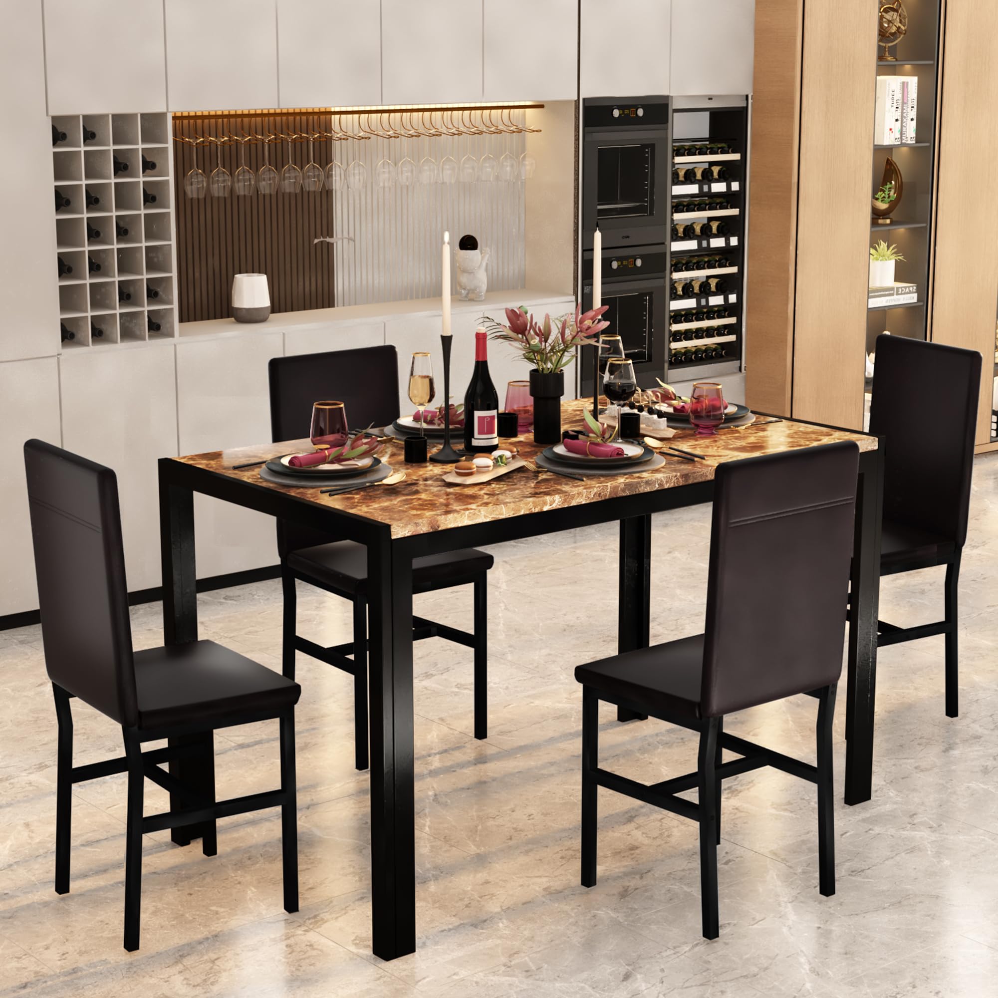 DKLGG Dining Table Set for 4, Modern Kitchen Table and Chairs Set with 4 PU Leather Chairs, Space-Saving Dinette Dining Room Table Set for Small Space Home Kitchen, Restaurant, Brown+Dark Brown