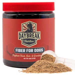 daybreak nutrition fiber for dogs psyllium husk, beet root, dandelion root, and prebiotics to aid in relief from diarrhea, constipation, anal gland issues, and scoots