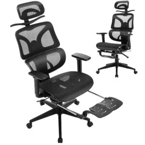 vecelo swivel ergonomic high back mesh office chair with retractable footrest, adjustable backrest, tilt function, 3d armrests & headrest, lumbar support for executive/computer desk/task work, black