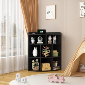 Vecelo 3-Tier Corner Cabinet with USB Outlet, 8 Cubbies Wooden Cube Storage Organizer, Corner Bookshelf Units for Playroom, Bedroom, Living Room, Black