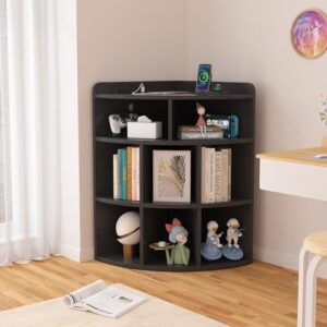 Vecelo 3-Tier Corner Cabinet with USB Outlet, 8 Cubbies Wooden Cube Storage Organizer, Corner Bookshelf Units for Playroom, Bedroom, Living Room, Black