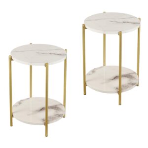 gawicpy 2 tier round side table, folding end tables coffee table simplistic sofa table waterproof removable tray table indoor outdoor accent table for living room bedroom (faux marble white, 2pcs)