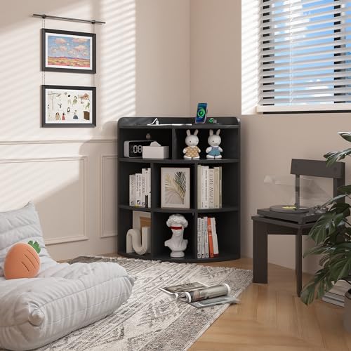 Vecelo 3-Tier Corner Cabinet with USB Outlet, 8 Cubbies Wooden Cube Storage Organizer, Corner Bookshelf Units for Playroom, Bedroom, Living Room, Black