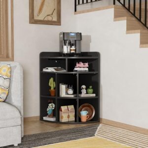 Vecelo 3-Tier Corner Cabinet with USB Outlet, 8 Cubbies Wooden Cube Storage Organizer, Corner Bookshelf Units for Playroom, Bedroom, Living Room, Black