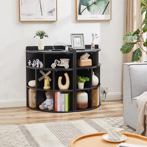 Vecelo 3-Tier Corner Cabinet with USB Outlet, 8 Cubbies Wooden Cube Storage Organizer, Corner Bookshelf Units for Playroom, Bedroom, Living Room, Black