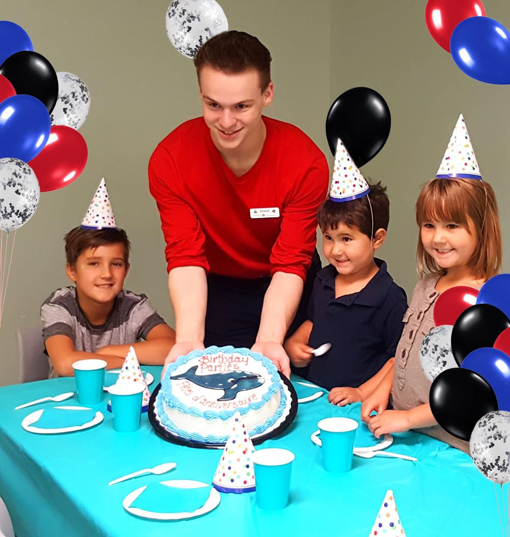 Red Blue Black Balloon Kit,12-Inch Latex Royal Blue Red Black Balloons with Metallic Silver Latex Balloon for Theme Party Boys Kids Birthday Baby Shower Graduation Party Decorations