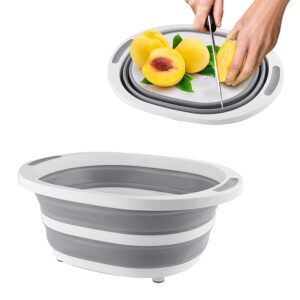 collapsible multi-purpose plastic dish basin 8l(2 gallon), space saving dish tub, folding chopping board, 3 in 1 multifunction camping sink for dish washing, bbq prep, camping (gray-1)