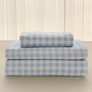 nsnlgsgc light blue gingham twin kids sheet set, soft brushed microfiber baby blue plaid twin bed sheets, 3-pieces sheet set with deep pocket