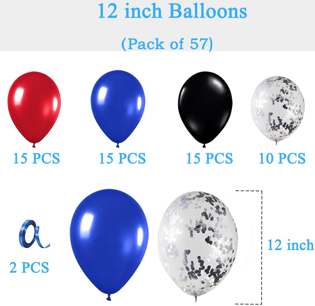 Red Blue Black Balloon Kit,12-Inch Latex Royal Blue Red Black Balloons with Metallic Silver Latex Balloon for Theme Party Boys Kids Birthday Baby Shower Graduation Party Decorations