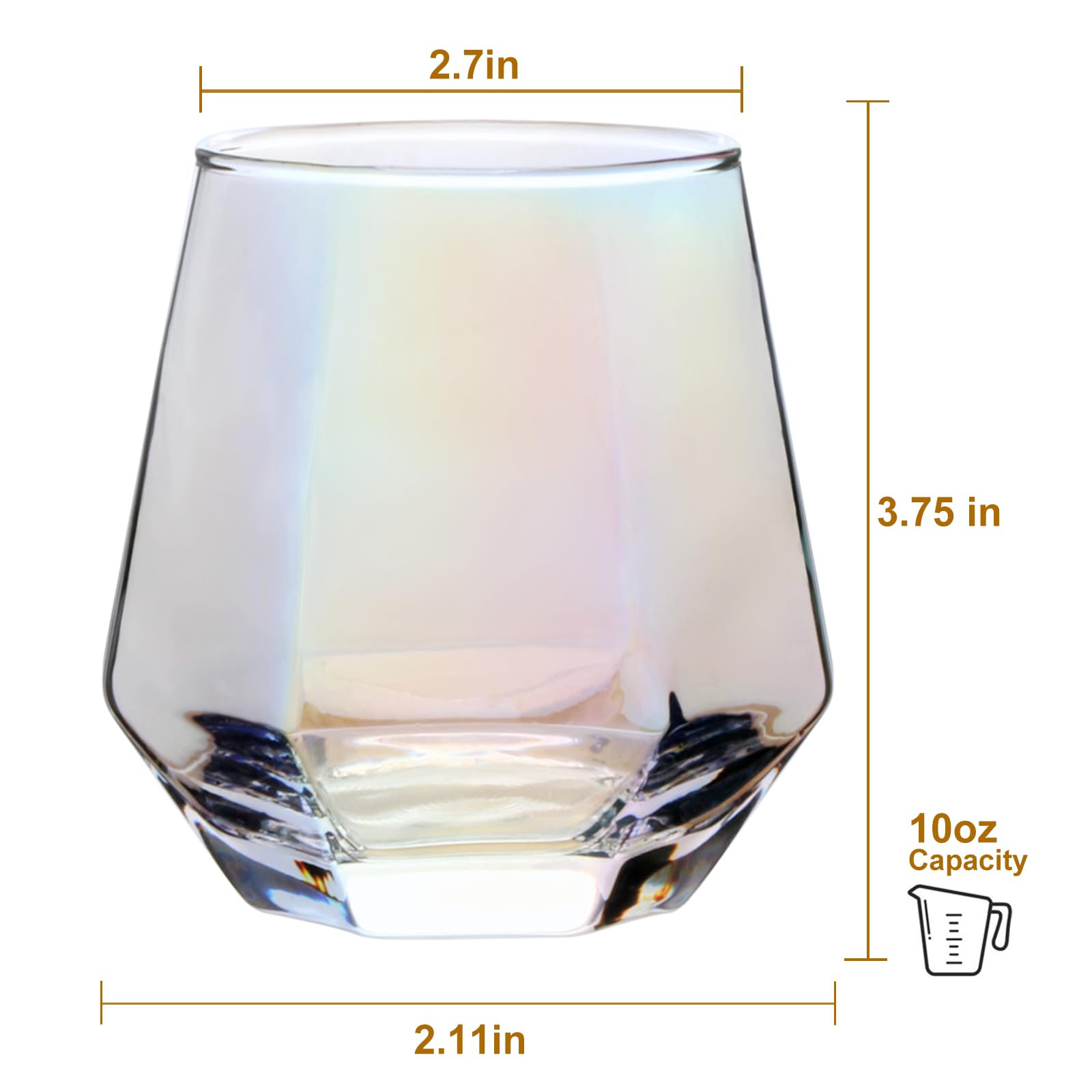 Ufrount Wine Glasses Set of 4,Iridescent Stemless Wine Glasses for Red and White Wine,Geometric 10oz Diamond Shaped Glass Cups for Whiskey,Cocktail,Bourbon,Juice,Water