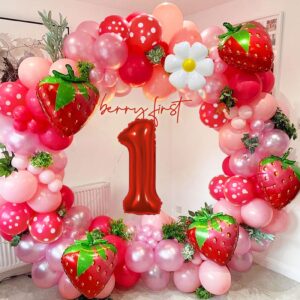 strawberry balloon garland berry first birthday party decorations pink red balloon arch ideal for berry sweet themed celebrations, sweet girl baby showers，strawberry and pastel daisy party supplies