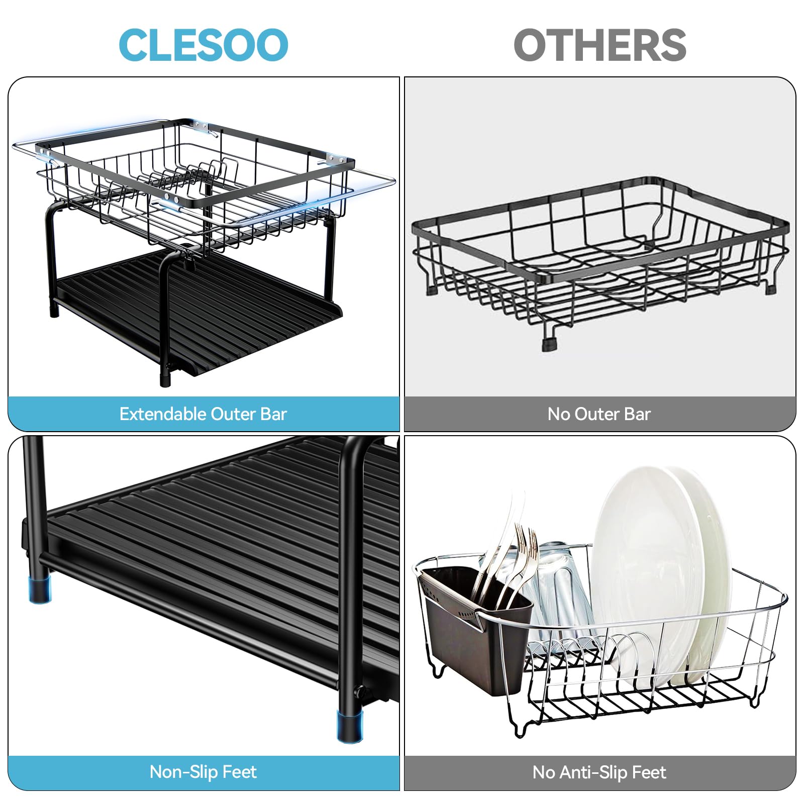 CLESOO Sink Dish Drying Rack - Rust Resistant Metal Dish Rack - Multifunctional Extendable Dish Drying Holder with Draining Mat - Drainer for Kitchen Sinks and Worktops with 4 Ways of Use