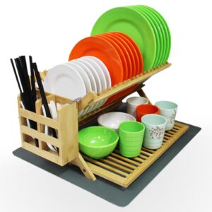 yzhduxiu bamboo dish drying rack with utensil holder, 3 tier collapsible dish rack, large dish racks for kitchen counter, wooden folding dish drainer with dish drying mat (3 tier (with drying mat))