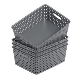 kekow 4-pack gray plastic storage basket, pantry woven plastic storage basket