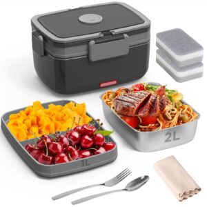 geveniss electric lunch box food heater with 2l stainless steel & 1l pp fruit container bento box, 90w (12v/24v/110v) fast heating food warmer for car/truck/office use, ideal for men, women, adults