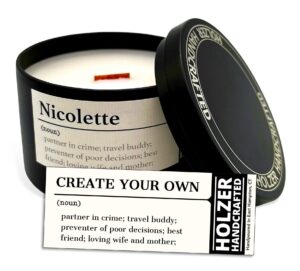 holzer custom candles, personalized gifts, wood wick scented/unscented custom candle | coconut soy wax | handmade in ct usa by holzer handcrafted | 6oz in black tin customized label