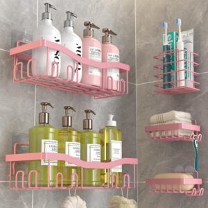 youvip pink shower caddy, shower organizers [5-pack], rustproof bathroom shower shelves for inside shower, adhesive shower caddy with soap caddy & toothbrush holder no drilling