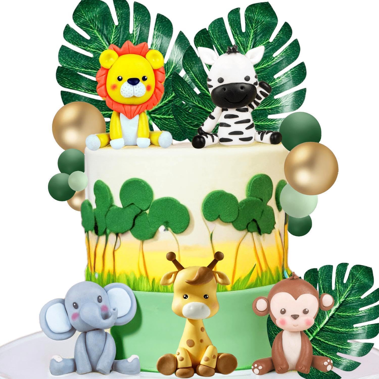 XLENGO 20 PCS Jungle Safari Animal Cake Topper with Lion Giraffe Monkey Elephant Zebra Colourful Balls Leaves Cake Decoration for Baby Shower Safari Birthday Party Supplies