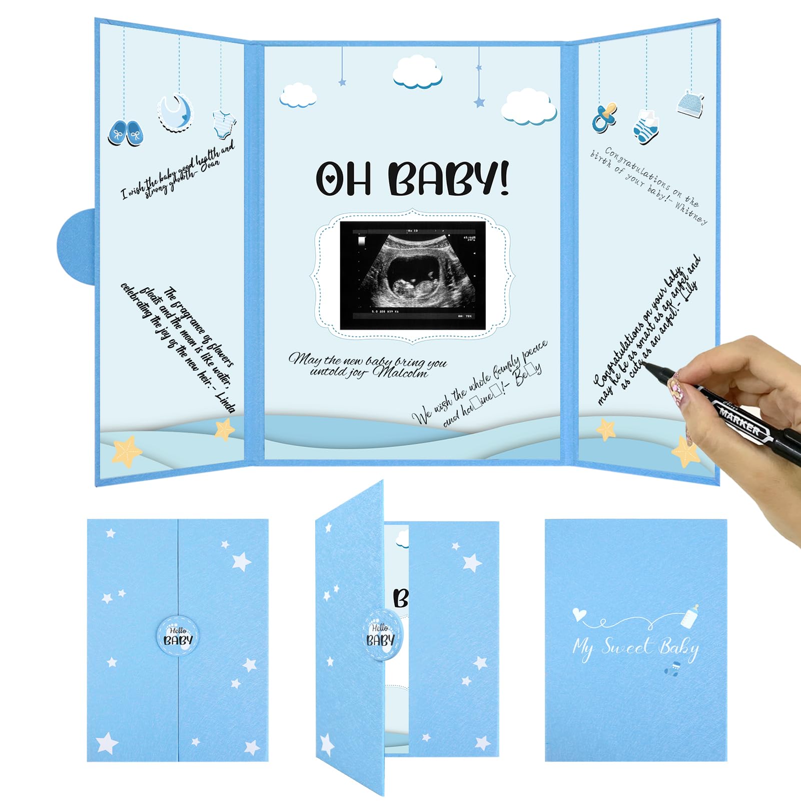 Crenics Baby Shower Decorations for Boy, Cute Baby Shower Signature Board with Picture, Blue Baby Shower Guest Book Alternatives 18" x 12", Creative Baby Shower Keepsake for Baby Boys