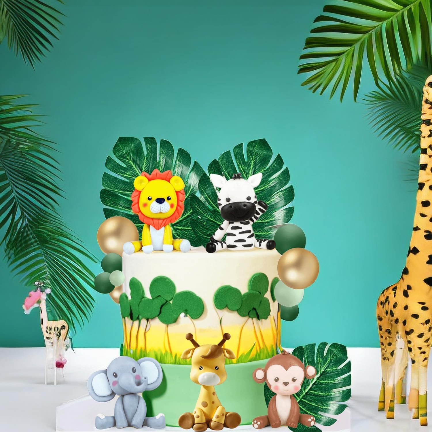 XLENGO 20 PCS Jungle Safari Animal Cake Topper with Lion Giraffe Monkey Elephant Zebra Colourful Balls Leaves Cake Decoration for Baby Shower Safari Birthday Party Supplies