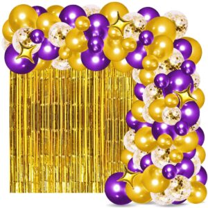 purple gold balloon garland arch, 124pcs purple and gold balloons gold star balloons purple tinsel foil fringe curtain for purple birthday wedding anniversary graduation party decorations purple gold