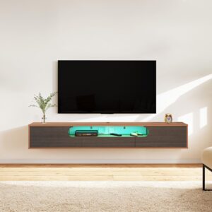 pmnianhua floating tv stand with led lights,70'' wall mounted tv cabinet floating under tv shelf media console entertainment center with storage living room playroom bedroom(walnut)