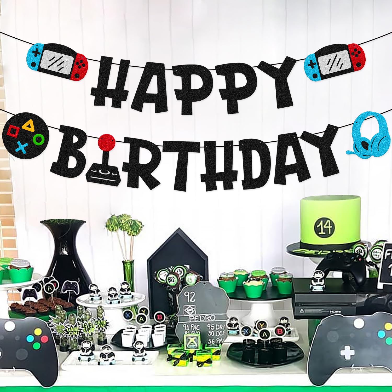 Video Game Birthday Banner Happy Birthday Party Decorations for Boys Kids Men Level Unlocked Garland Playing Game Over Level Up Themed Bday Party Celebration Supplies