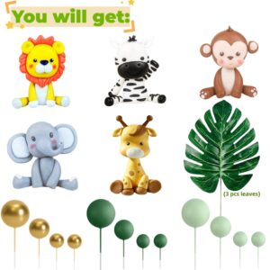 XLENGO 20 PCS Jungle Safari Animal Cake Topper with Lion Giraffe Monkey Elephant Zebra Colourful Balls Leaves Cake Decoration for Baby Shower Safari Birthday Party Supplies