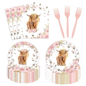 96 pcs boho highland cow party supplies for girl holy cow highland baby shower plates and napkins party supplies bohemian pink floral pampa grass highland birthday party decorations serves 24