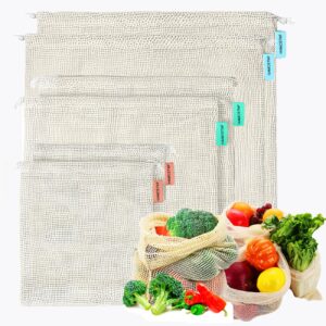 produce bags reusable washable - vegetable bags, grocery bags, cotton mesh bags, produce storage bags, see through tare weight bulk drawstring net bags for veggies and fruits （6 pack，2s/2m/2l）