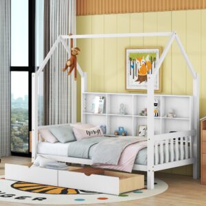 bellemave full house bed with storage drawers, full size kids montessori house bed with shelves, wood tent cabin beds frame for girls boys teens, white