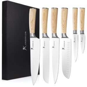 kangdelun 6 pcs chef knife set with gift box, ultra sharp kitchen knives, ergonomic wood handle