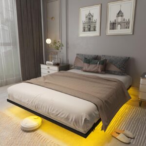 savolife floating bed frame queen size with led light, metal platform bed frame, no box spring needed, easy assembly