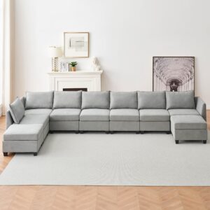 gaomon 163'' sectional sofa with storage seats,9 seat convertible u shaped sofa with large reversible chaise, linen fabric modular sofa sectional couches with ottomans for living room,grey