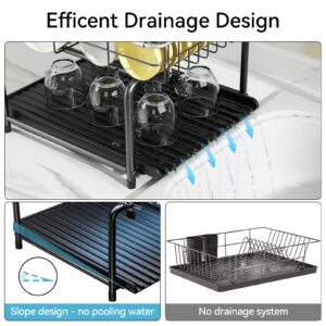 CLESOO Sink Dish Drying Rack - Rust Resistant Metal Dish Rack - Multifunctional Extendable Dish Drying Holder with Draining Mat - Drainer for Kitchen Sinks and Worktops with 4 Ways of Use