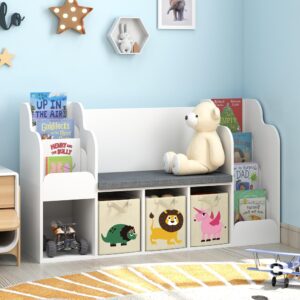 jiansu furni,kids bookshelf with reading nook,toy storage organizer with seat cushion,kids reading nook with bench for playroom,bedroom and living room,white