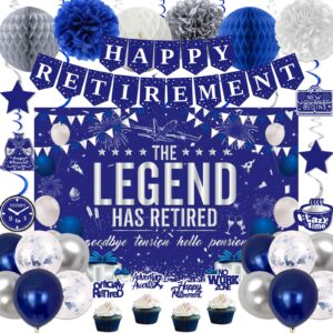 retirement party decorations blue silver happy retirement decorations for men women, happy retirement banner, retired backdrop, balloons, pompoms, hanging swirl, retirement card, cake topper set 54pcs