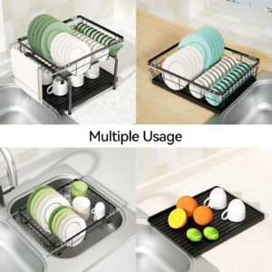 CLESOO Sink Dish Drying Rack - Rust Resistant Metal Dish Rack - Multifunctional Extendable Dish Drying Holder with Draining Mat - Drainer for Kitchen Sinks and Worktops with 4 Ways of Use