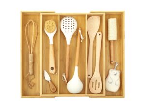 storageworks bamboo drawer cutlery organizer, expandable cutlery organizer, silverware holder for silverware, flatware, stationery, tools, natural wood color