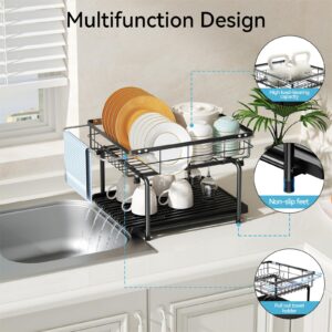 CLESOO Sink Dish Drying Rack - Rust Resistant Metal Dish Rack - Multifunctional Extendable Dish Drying Holder with Draining Mat - Drainer for Kitchen Sinks and Worktops with 4 Ways of Use