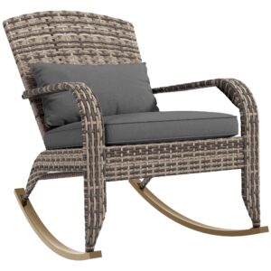 outsunny outdoor wicker adirondack rocking chair, patio rattan rocker chair with high back, seat cushion, and pillow for garden, porch, balcony, gray